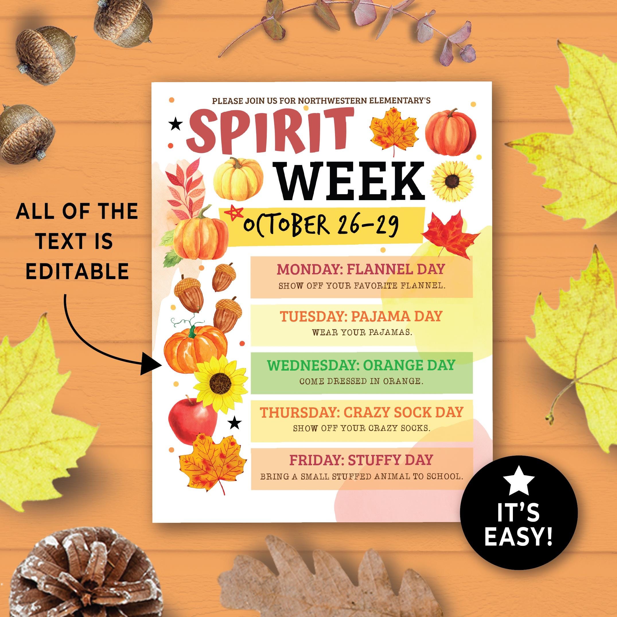 Editable Fall Spirit Week Flyer, Spirit Week Template, School Spirit ...