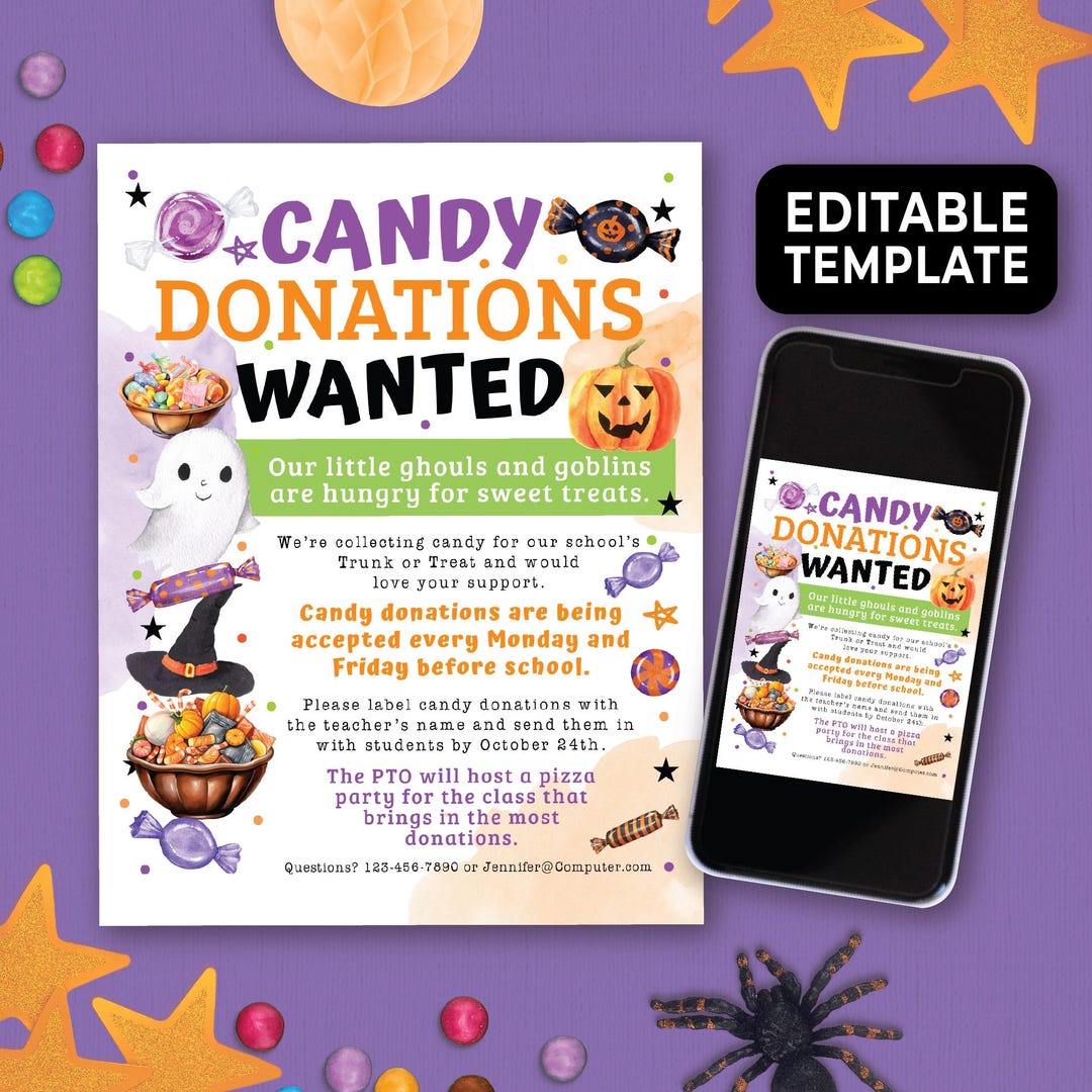 Editable Halloween Trunk or Treat Candy Donation Flyer for School PTA ...