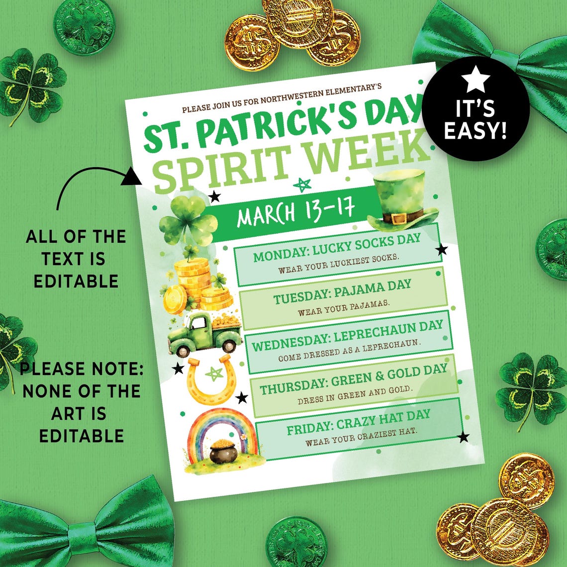 Editable St Patrick's Day Spirit Week Flyer, March Spirit Week Template ...