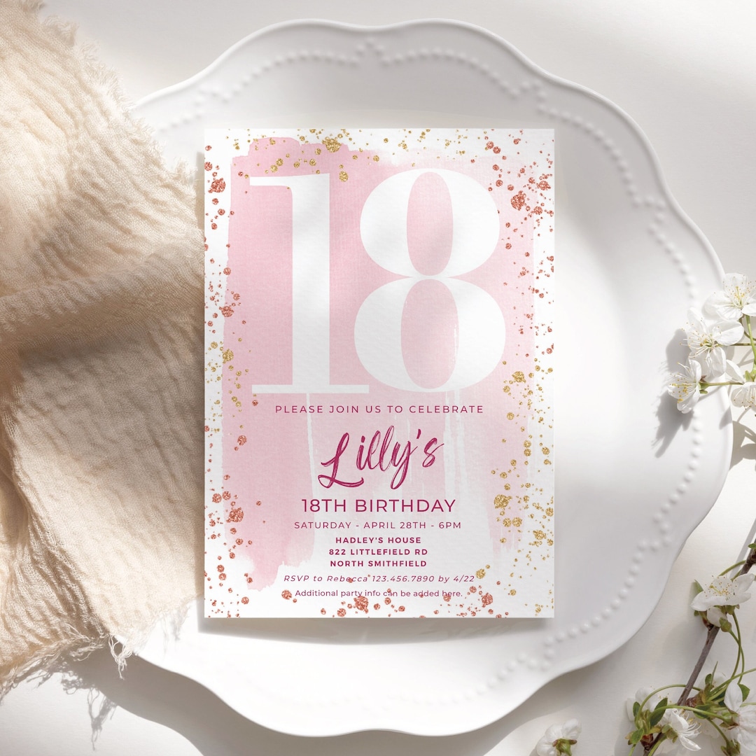 Editable 18th Birthday Party Invitation Template Girls, Pink & Gold ...