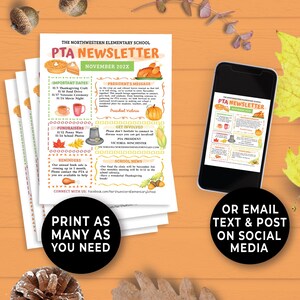 Editable PTO PTA November Newsletter Template, Thanksgiving Themed ...