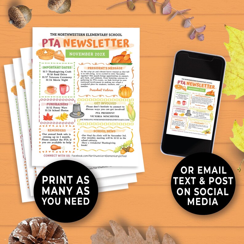 Editable PTO PTA November Newsletter Template, Thanksgiving Themed ...