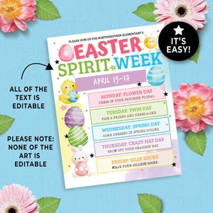 Editable Easter Spirit Week Flyer, Spring Spirit Week Template, April ...