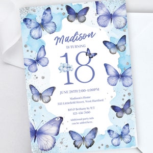 Editable Blue Butterfly Invitations, Pastel Monarch 18th Birthday ...