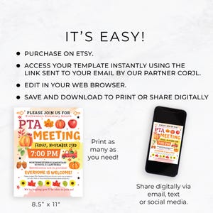 Editable PTO PTA Fall Meeting Flyer, Meeting Reminder Invitation ...