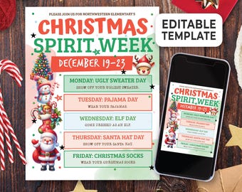 Holiday Spirit Week Flyer, Holiday Spirit Week, Editable Holiday Spirit ...