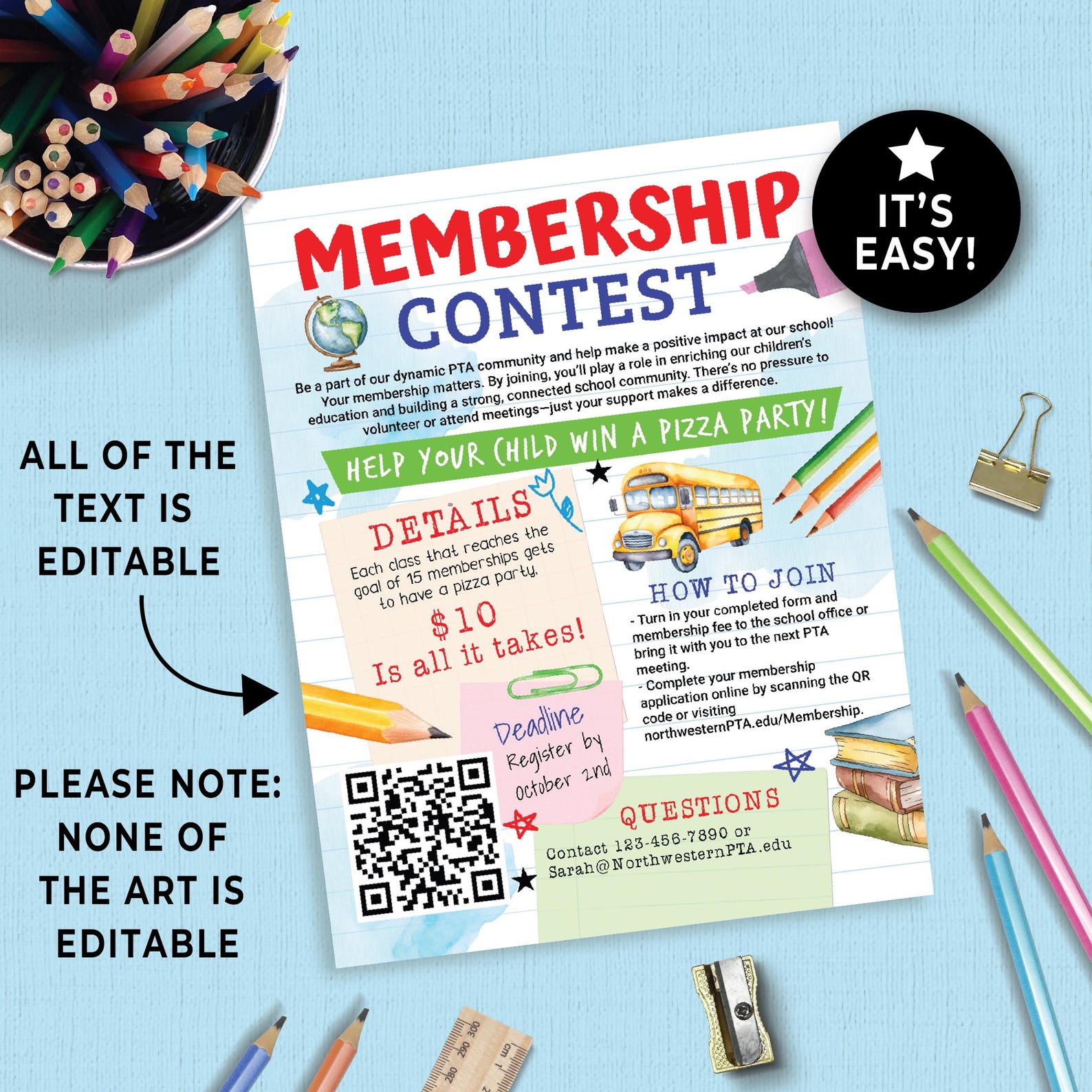 Editable PTO PTA Membership Contest Flyer, PTA Membership Drive Form ...