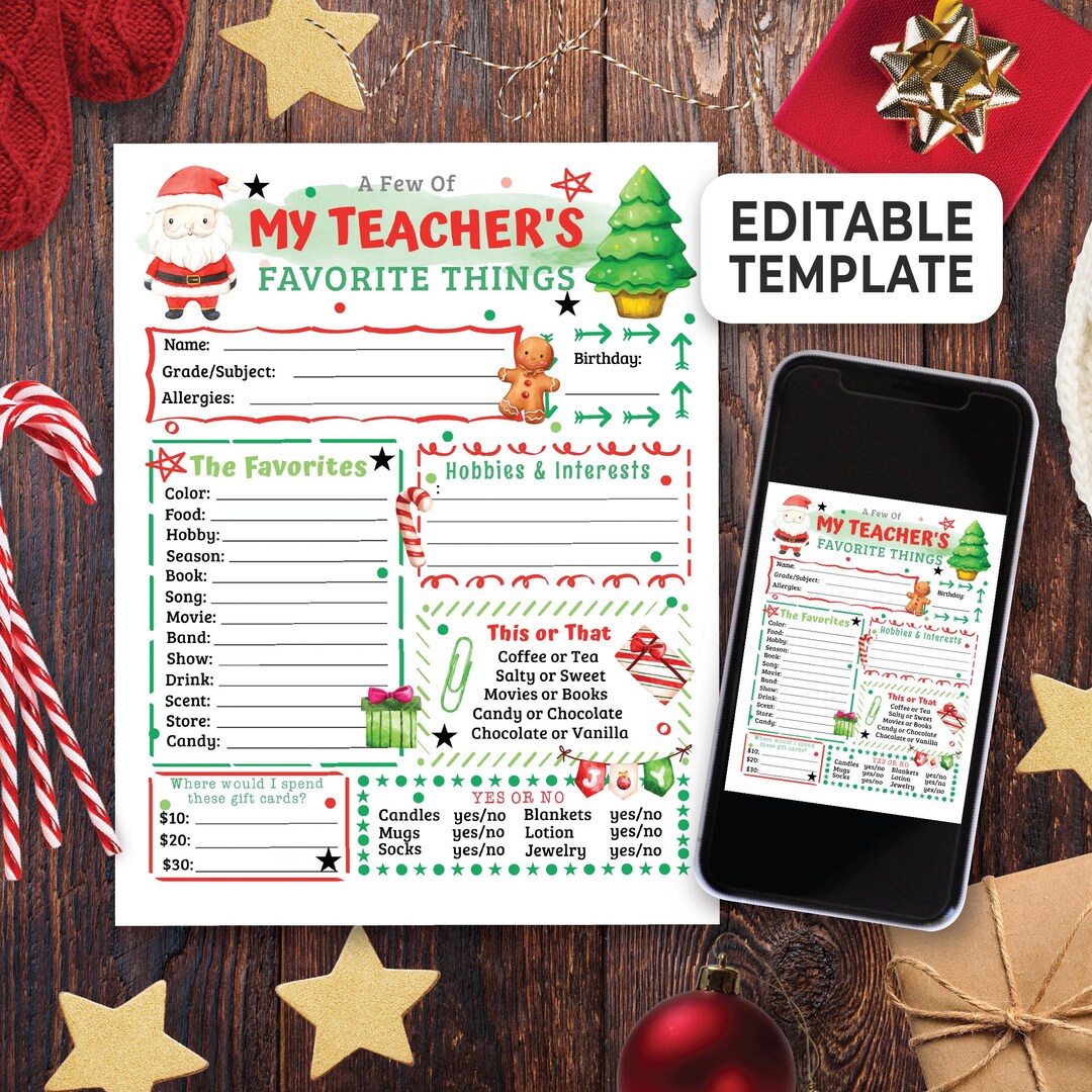 Editable Teacher Favorite Things Christmas List Template, Teacher's ...