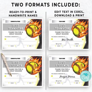 Softball Team Awards Printable, End of Season Softball Certificate for ...