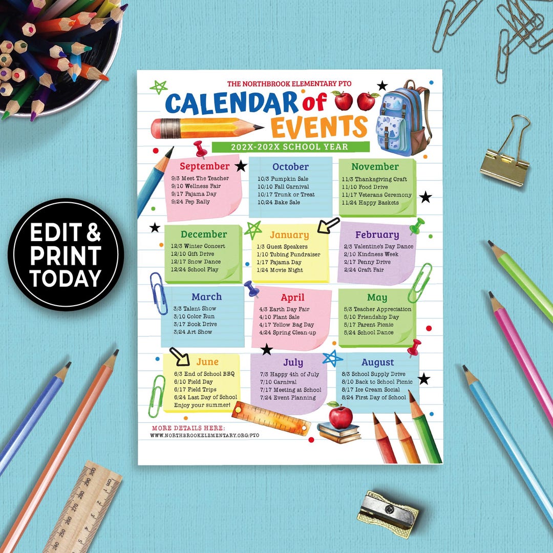 Editable PTO PTA Calendar of Events Flyer Template, School Events Flyer ...