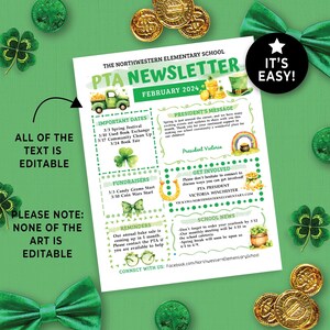 Editable PTO PTA March Newsletter Template, St Patrick's Day Themed ...