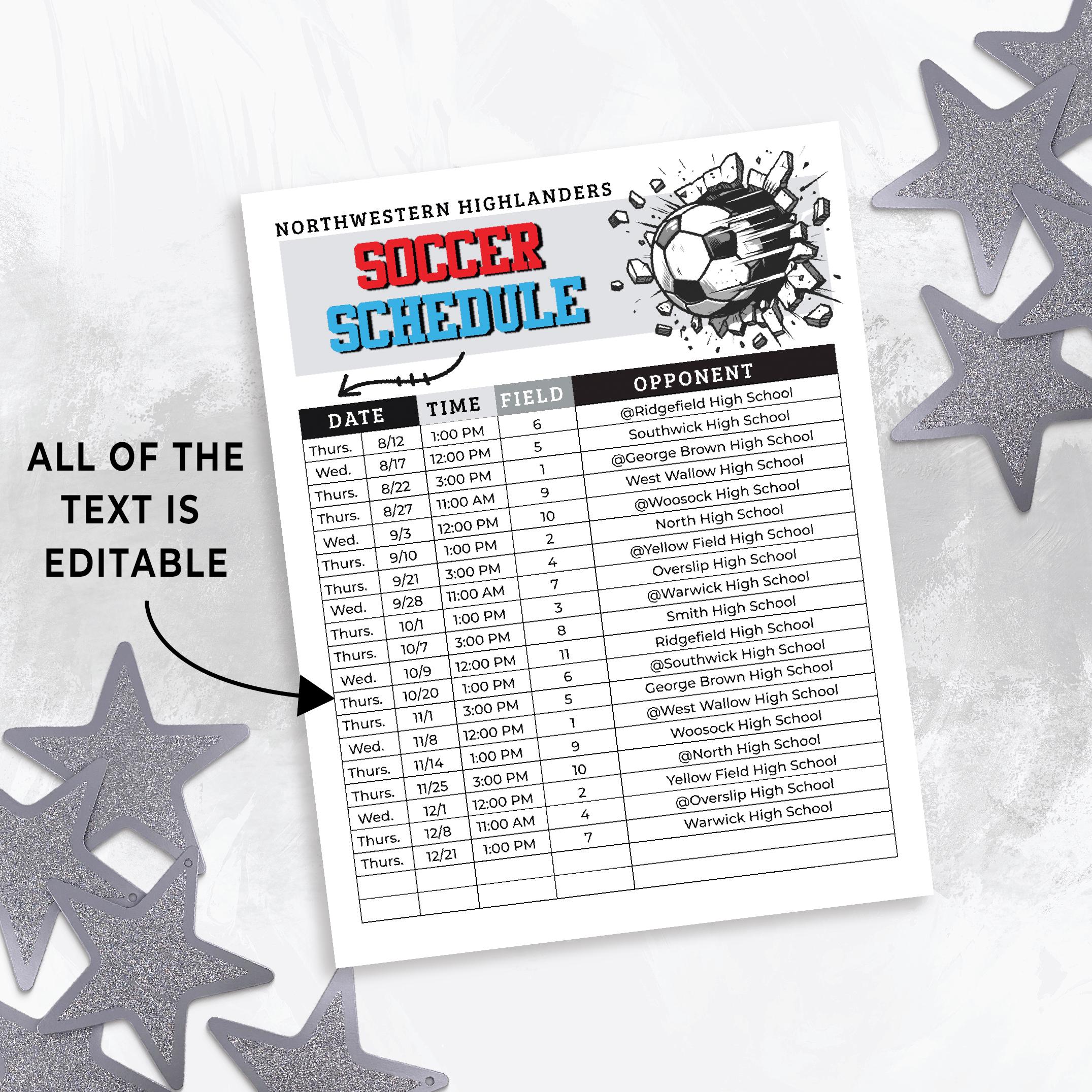 Editable Soccer Schedule Template, Soccer Calendar, Sports Schedule ...