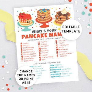 What's Your Pancake Name Party Game & Nametags, Pancake Breakfast ...