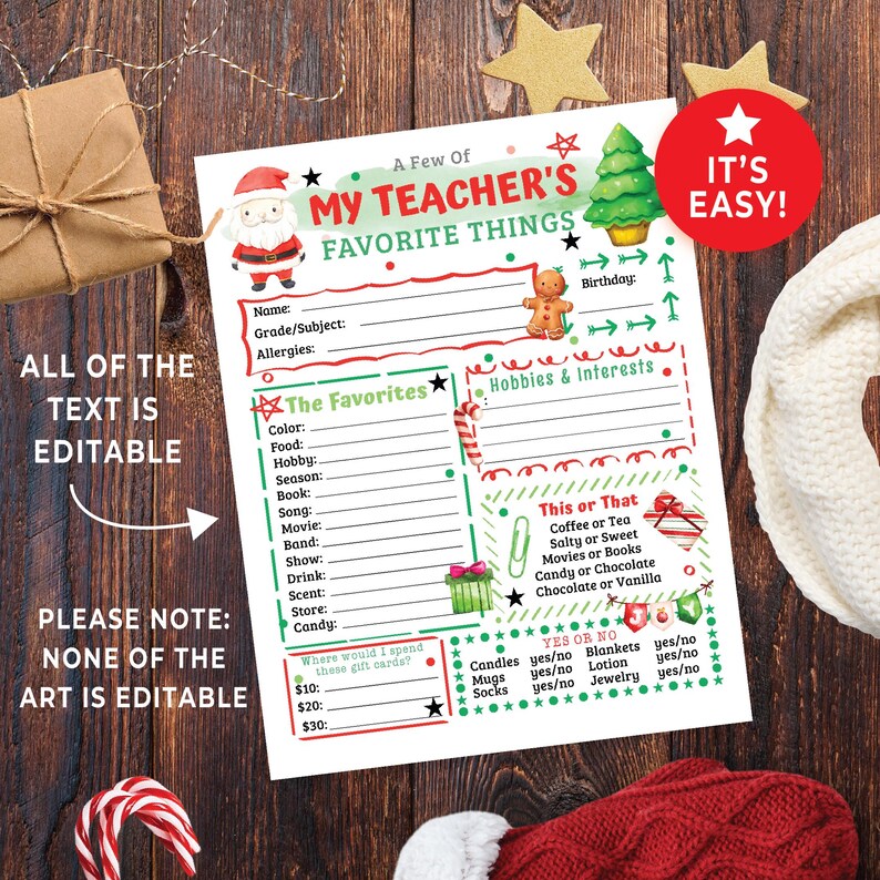 Editable Teacher Favorite Things Christmas List Template, Teacher's ...