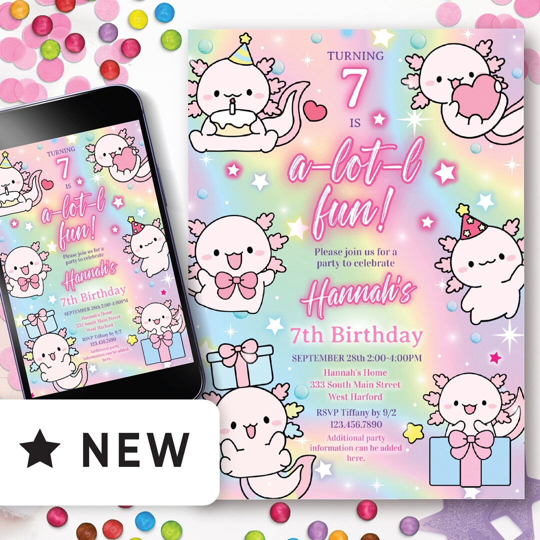 Editable Axolotl Birthday Invitation, Axolotl Party Invitation, Axolotl ...