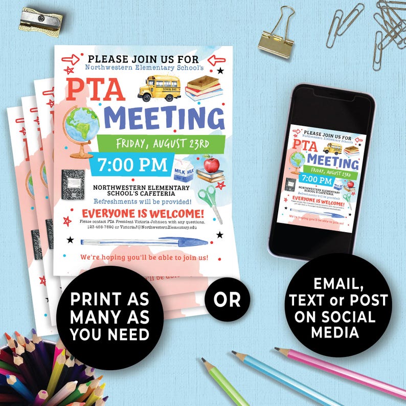 Editable PTO PTA August Meeting Flyer, Meeting Reminder Invitation ...
