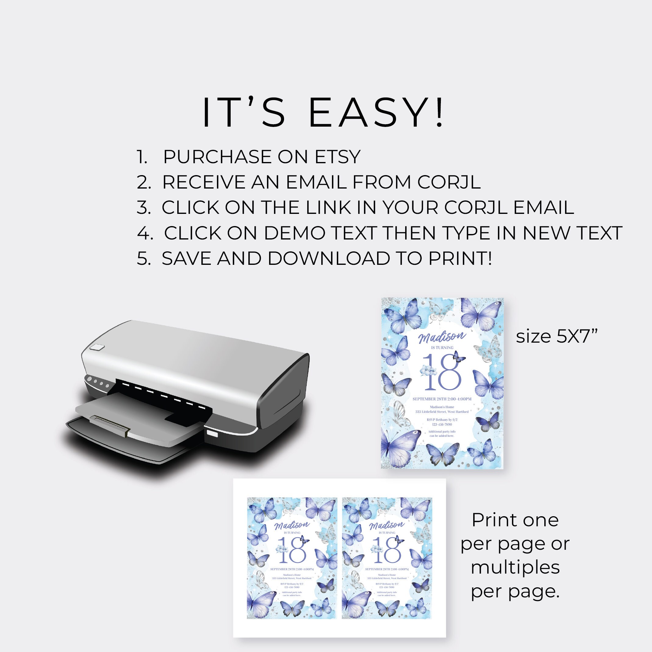 Editable Blue Butterfly Invitations, Silver Pastel Monarch Birthday ...