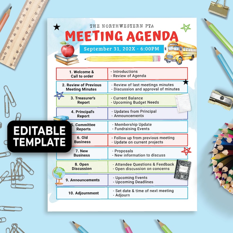 Editable PTO PTA Meeting Agenda Template Flyer 299HL - Etsy