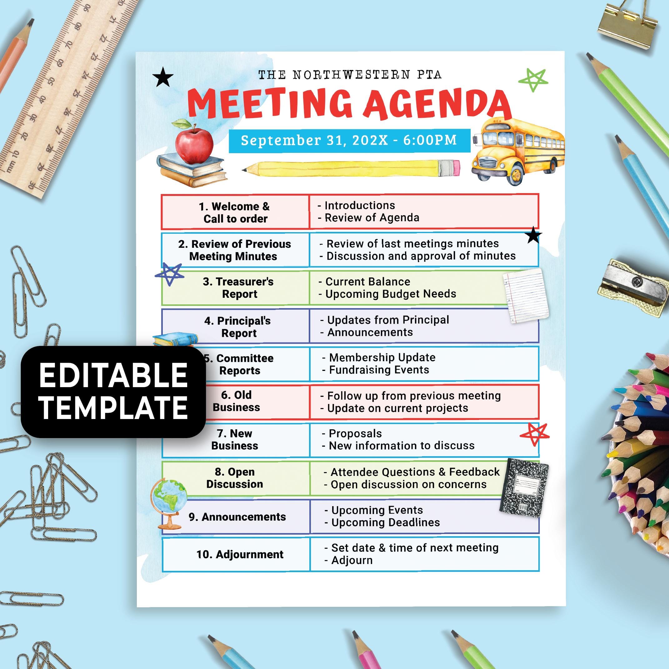 Editable PTO PTA Meeting Agenda Template Flyer 299HL - Etsy Australia