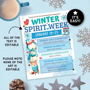 Editable Winter Spirit Week Template, School Spirit Week, Holiday ...