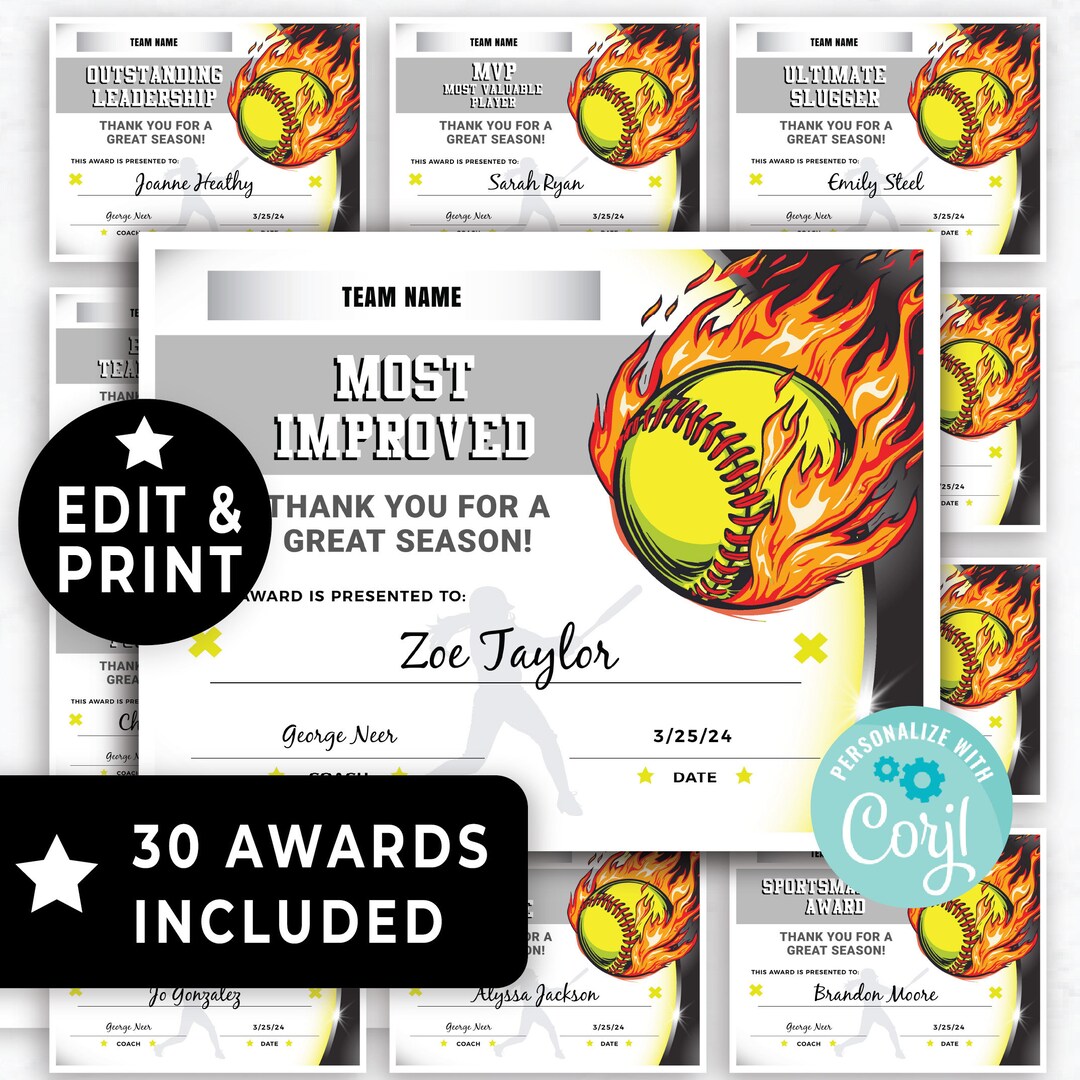 Softball Team Awards Printable, End of Season Softball Certificate for ...