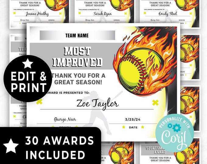 End of Season Softball Award, Editable Softball Award Certificates ...
