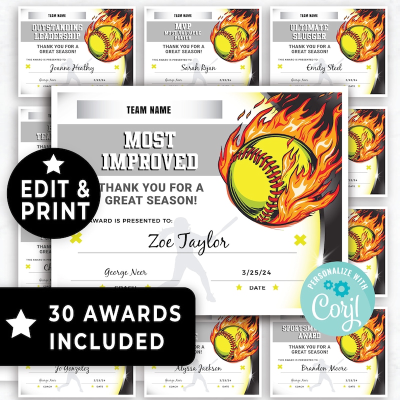 Softball Award Template - Etsy
