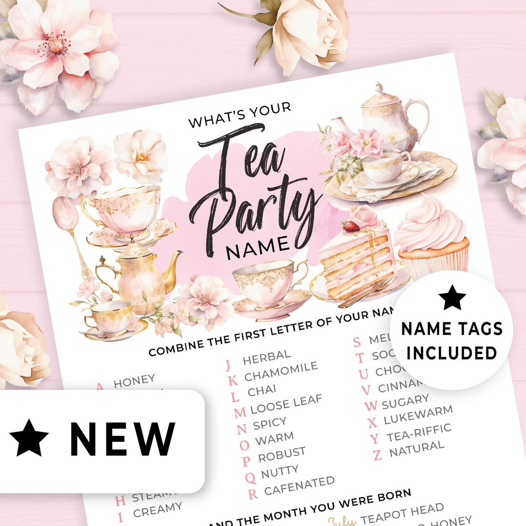 What's Your Tea Party Name Party Game & Name Tags, Tea Party Name ...