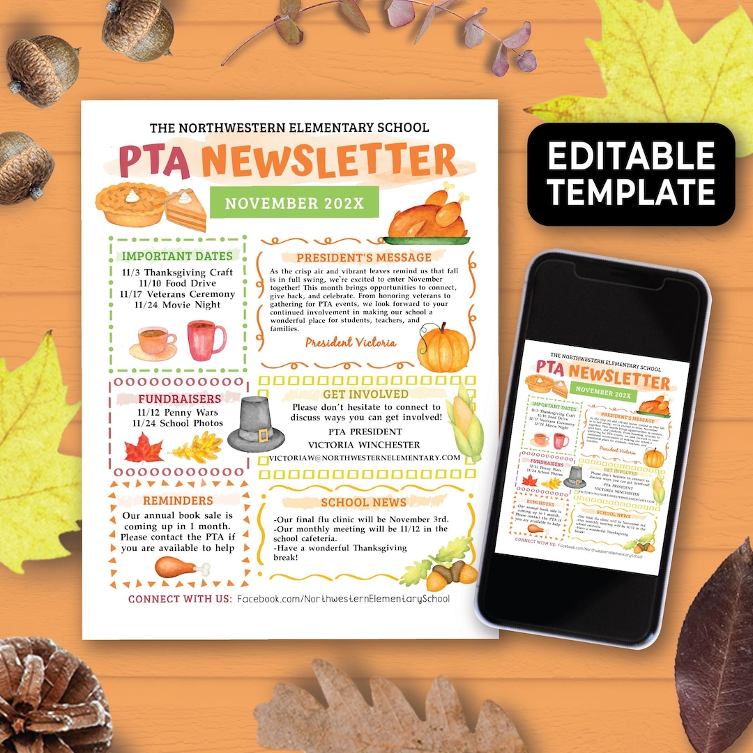 Editable PTO PTA November Newsletter Template, Thanksgiving Themed ...