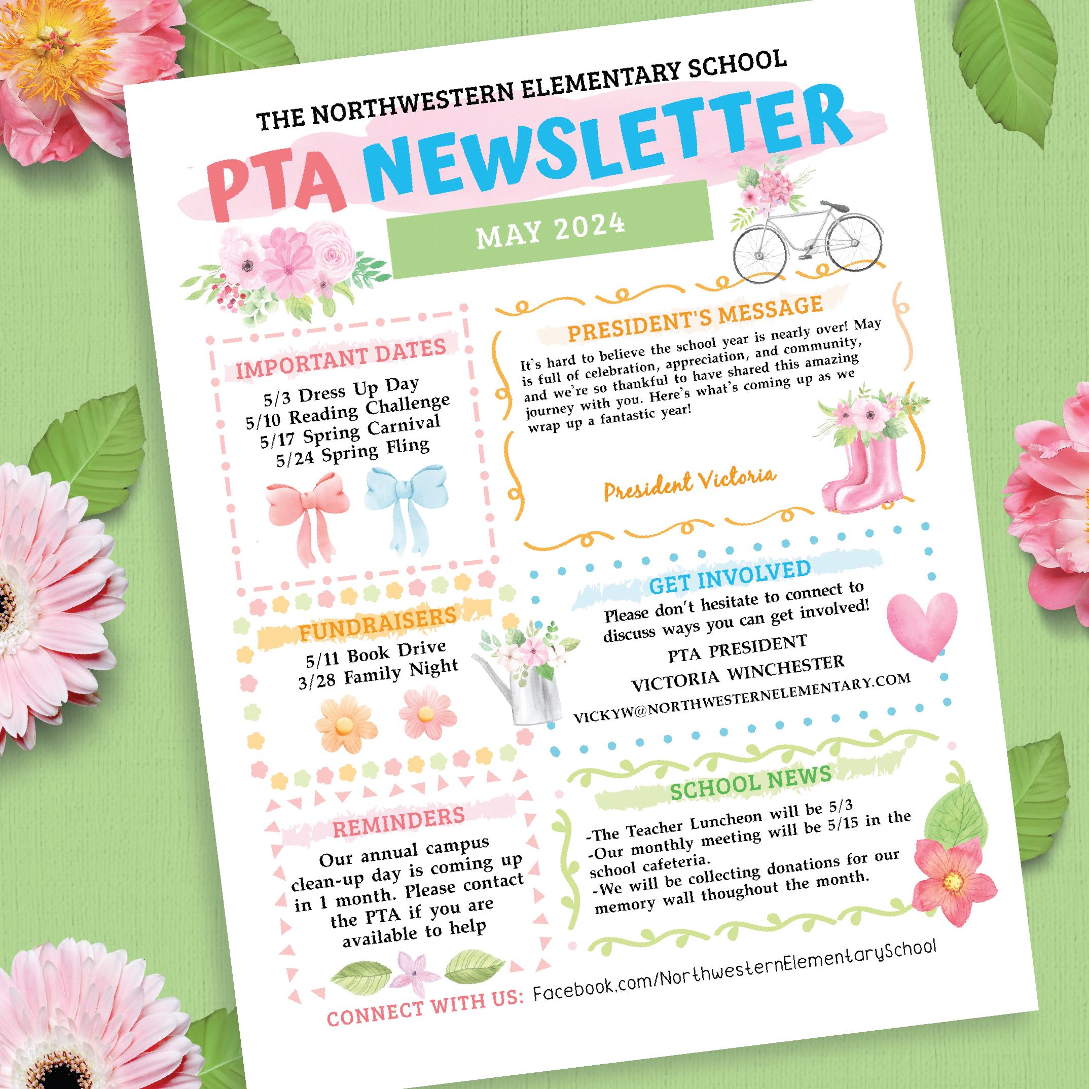 Editable PTO PTA May Newsletter Template, Spring Themed Volunteer ...