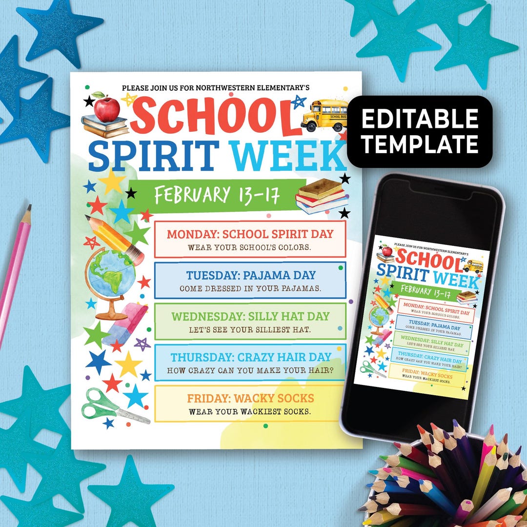 Editable School Spirit Week Flyer, School Spirit Week Itinerary Flyer ...