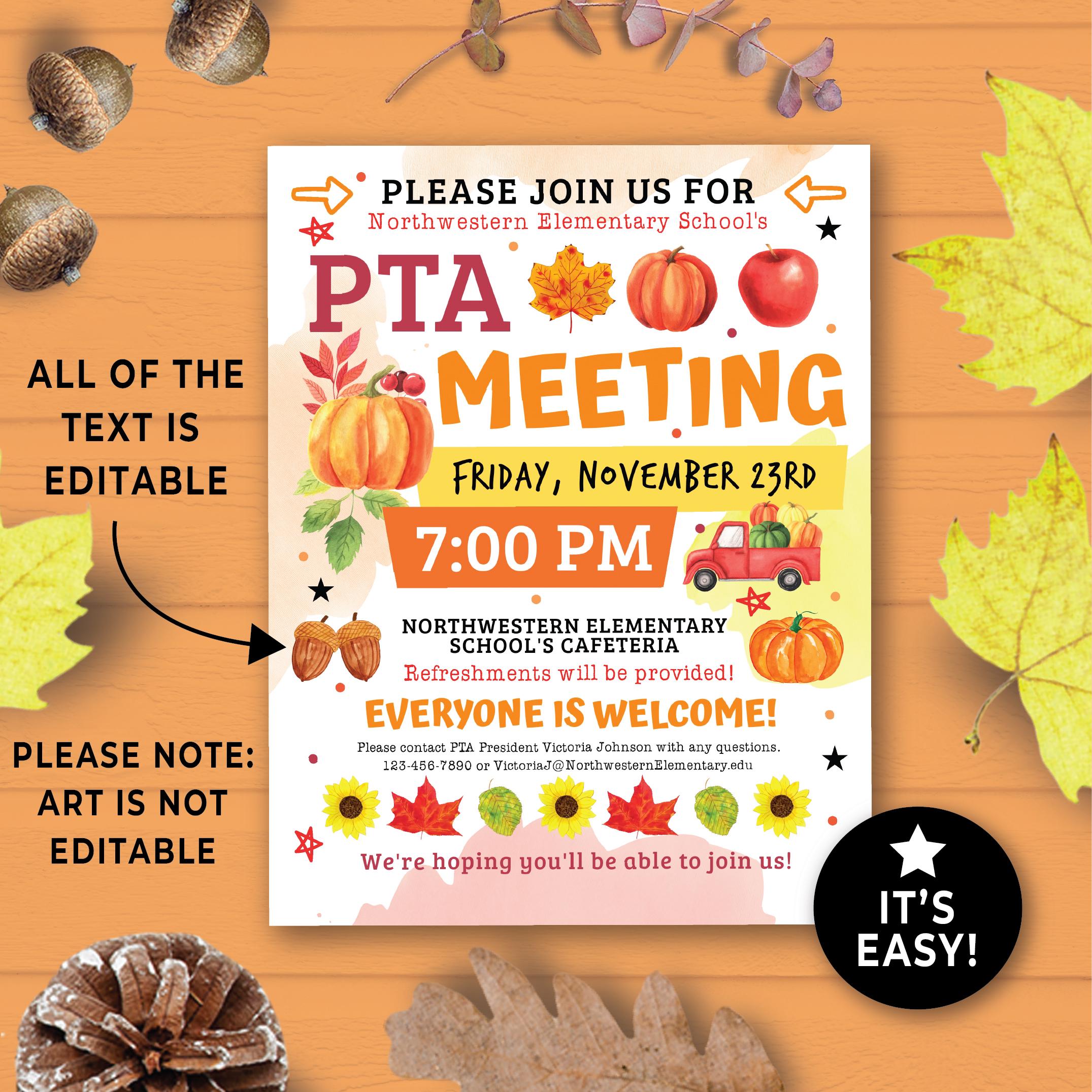 Editable PTO PTA Fall Meeting Flyer, Meeting Reminder Invitation ...