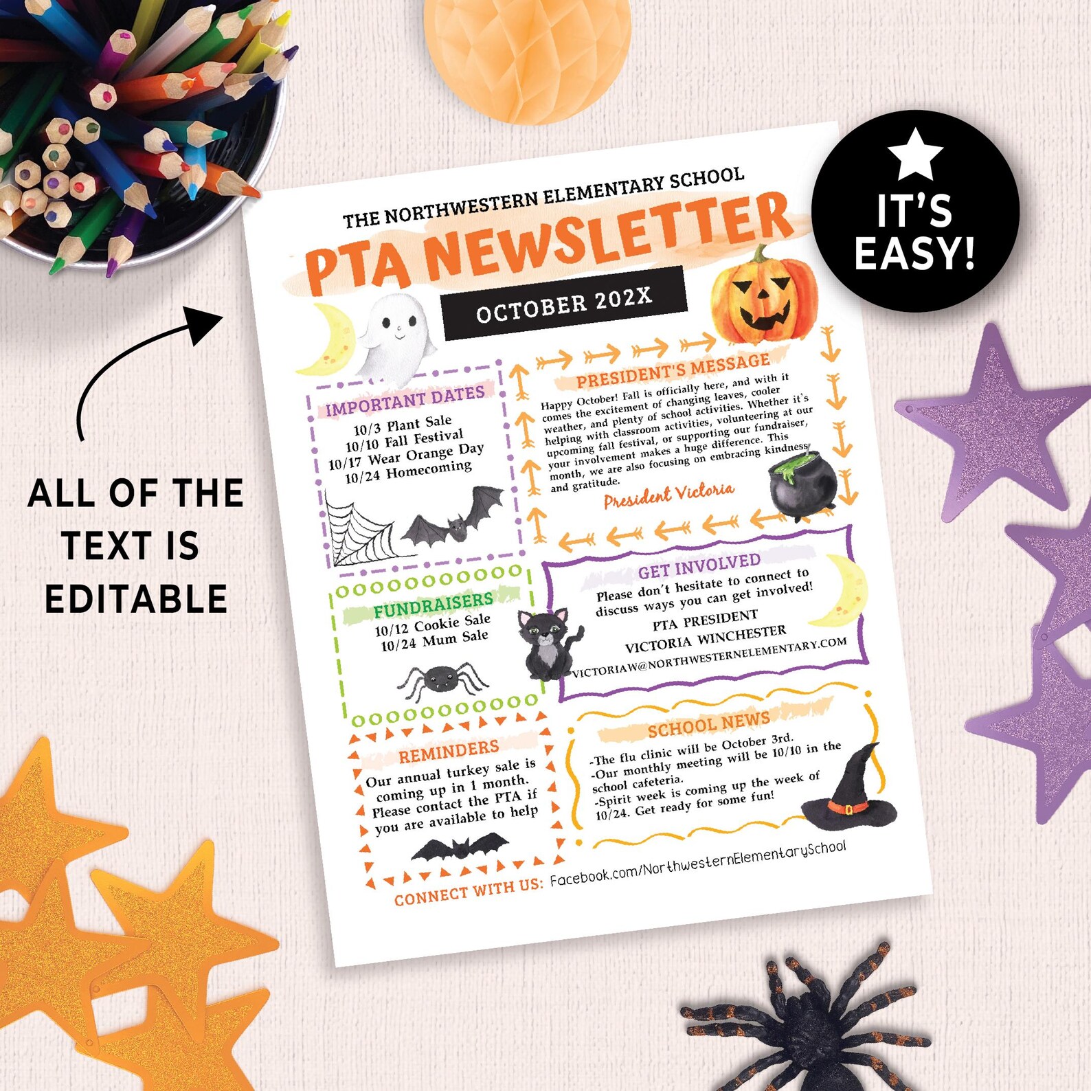 Editable PTO PTA Halloween Newsletter Template, October Fall Newsletter ...