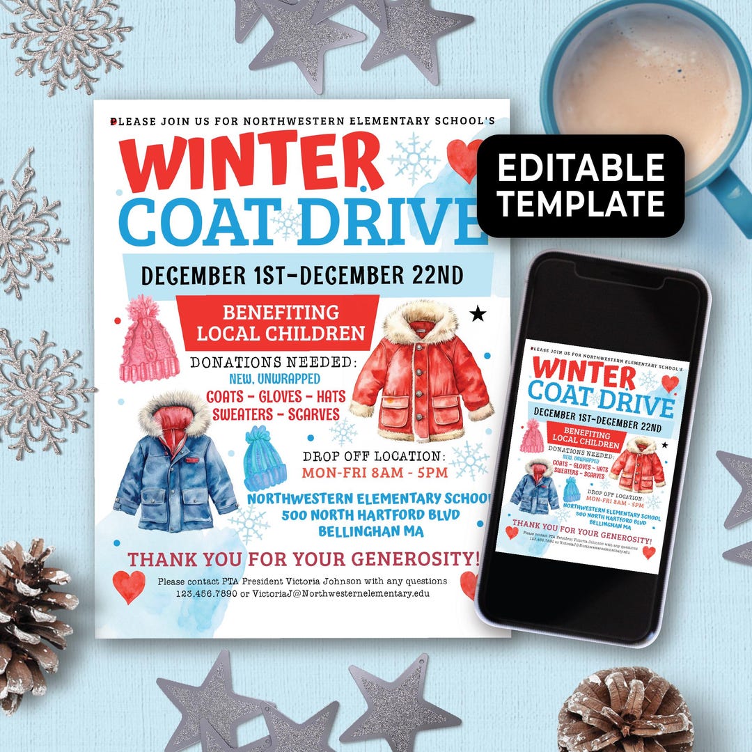 Editable Winter Coat Drive Flyer, Winter Clothing Drive Flyer, Winter ...