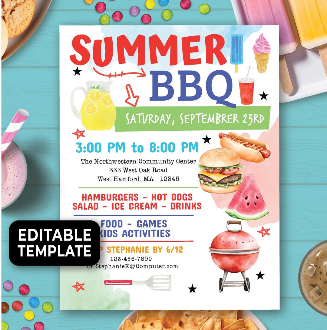 Editable Summer BBQ Flyer, Summer Cookout Flyer, Summer Picnic Flyer ...