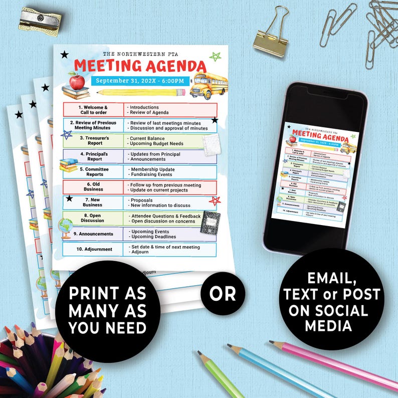 Editable PTO PTA Meeting Agenda Template Flyer 299HL - Etsy Australia