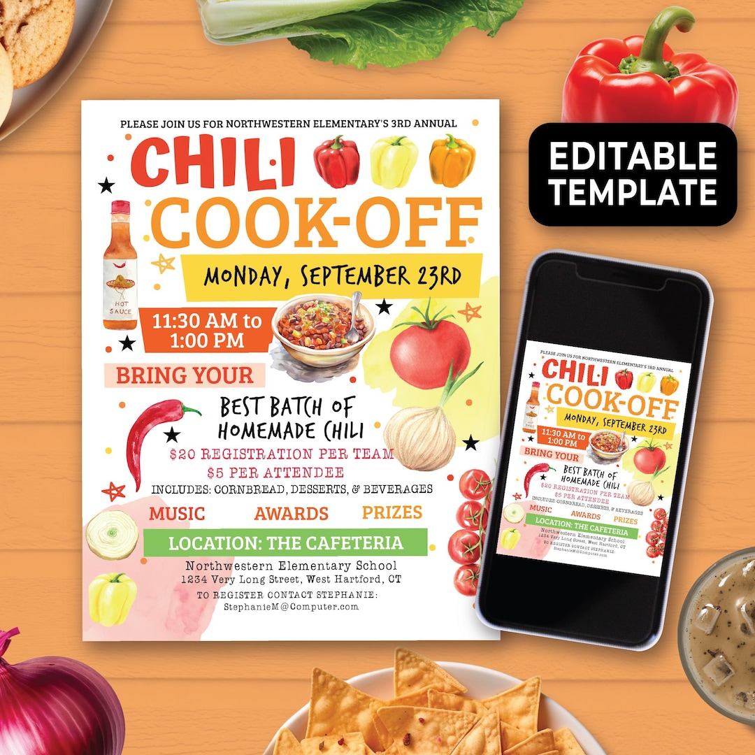 Editable Chili Cook-off Flyer, Chili Cookoff Invitation, Annual Fall ...