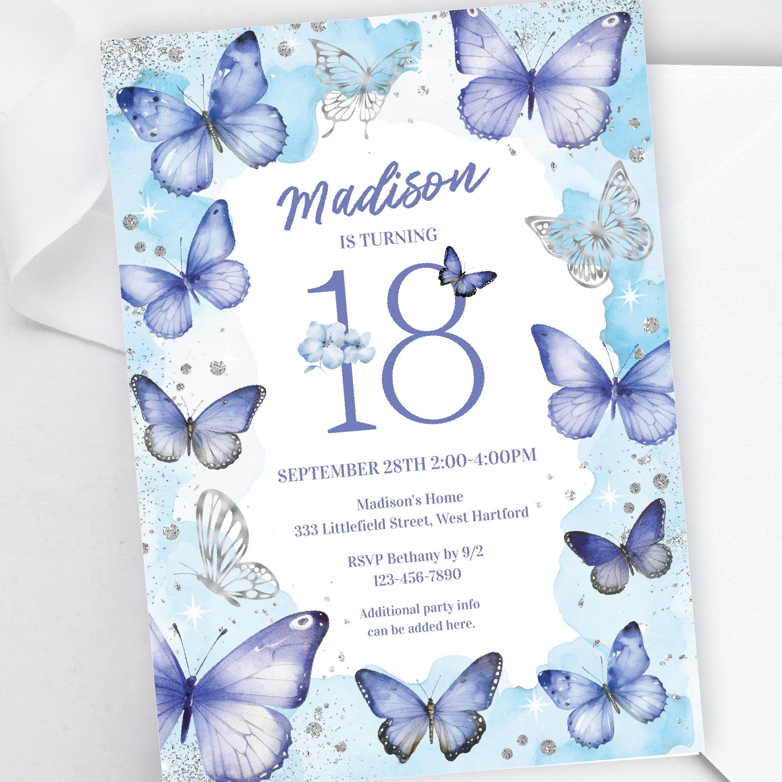 Editable Blue Butterfly Invitations, Silver Pastel Monarch Birthday ...