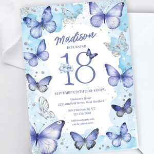 Editable Blue Butterfly Invitations, Silver Pastel Monarch Birthday ...