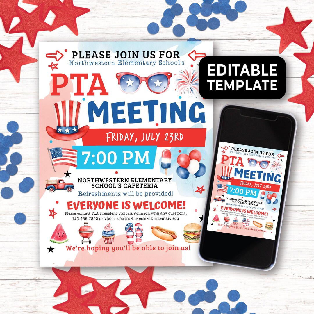 Editable PTO PTA July Meeting Flyer, Meeting Reminder Invitation ...