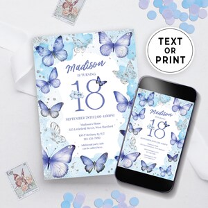 Editable Blue Butterfly Invitations, Silver Pastel Monarch Birthday ...