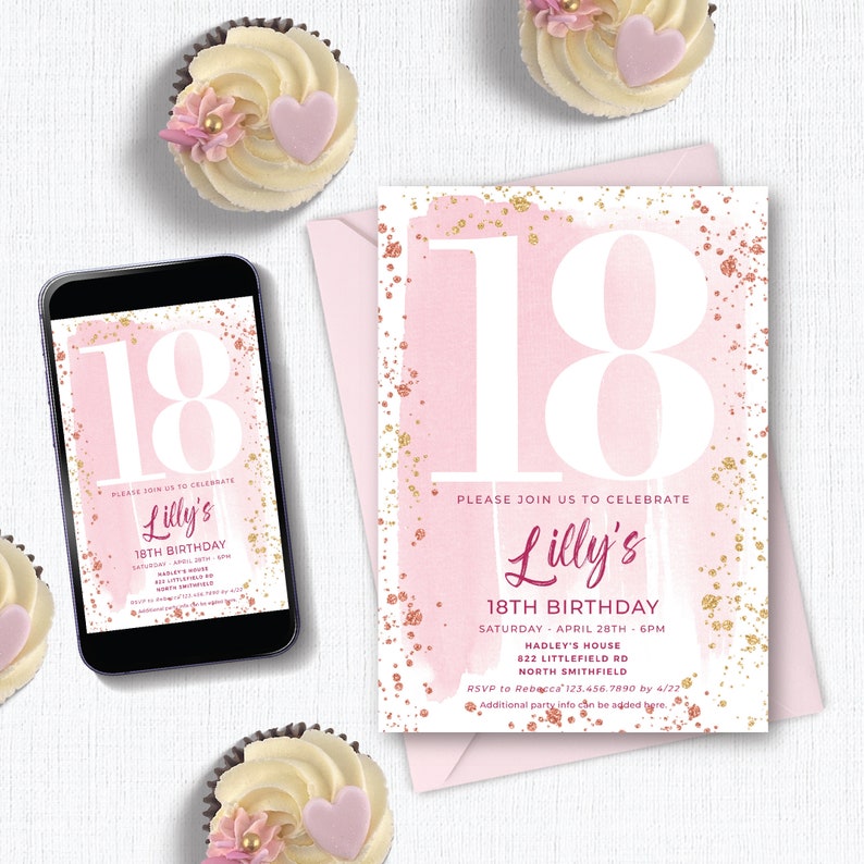 Editable 18th Birthday Party Invitation Template Girls Pink & - Etsy