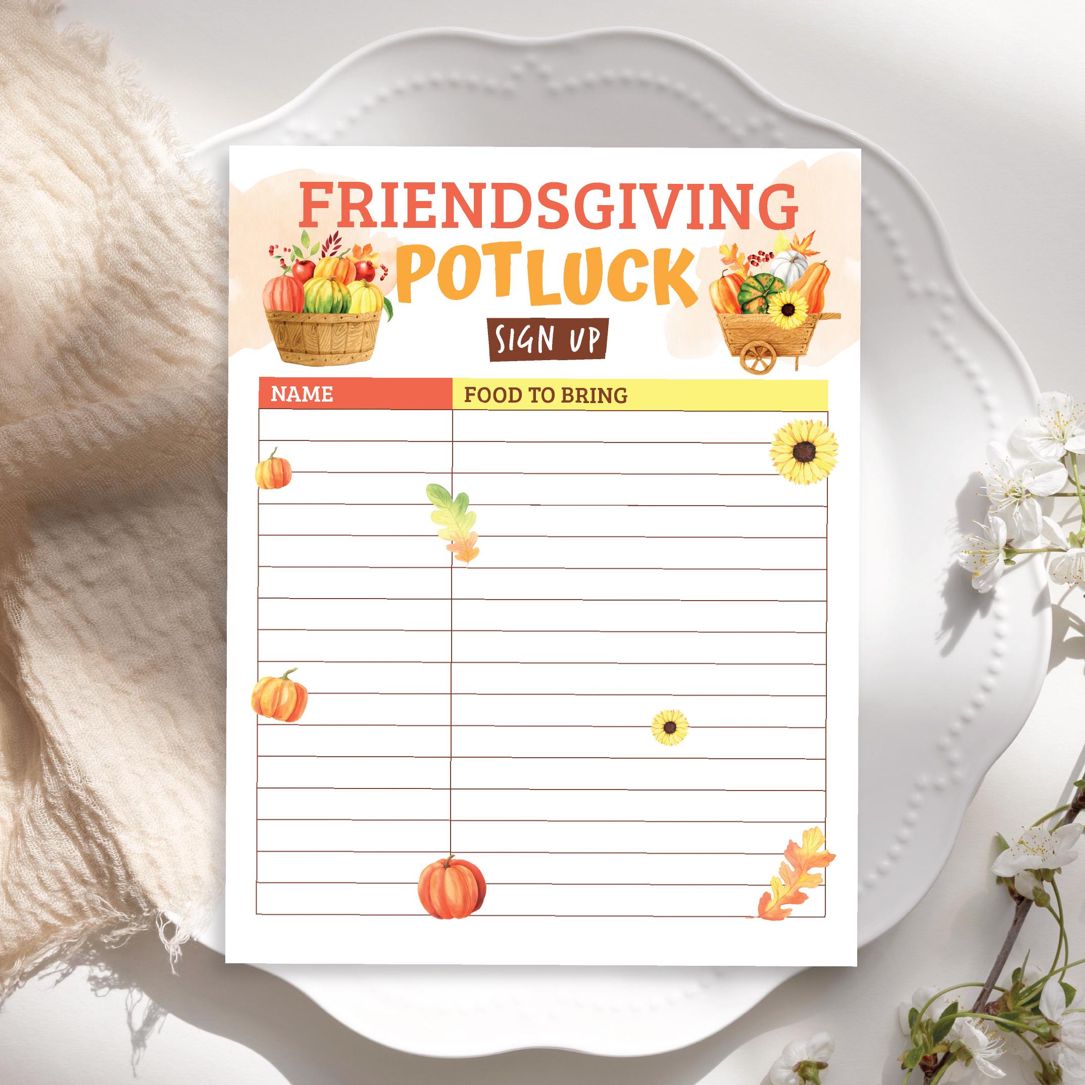 Printable Friendsgiving Potluck Sign up Sheet, Friendsgiving Potluck ...