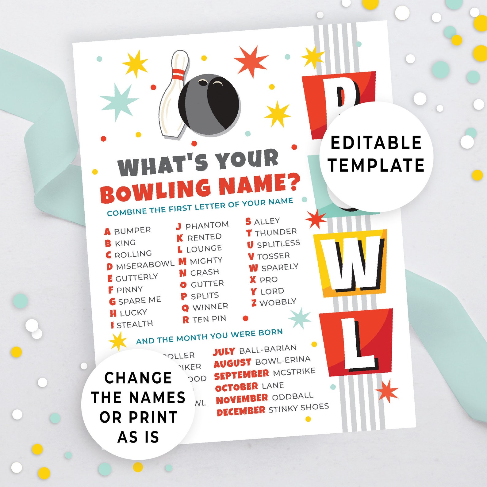 What's Your Bowling Name Party Game With Nametags, Bowling Birthday or ...