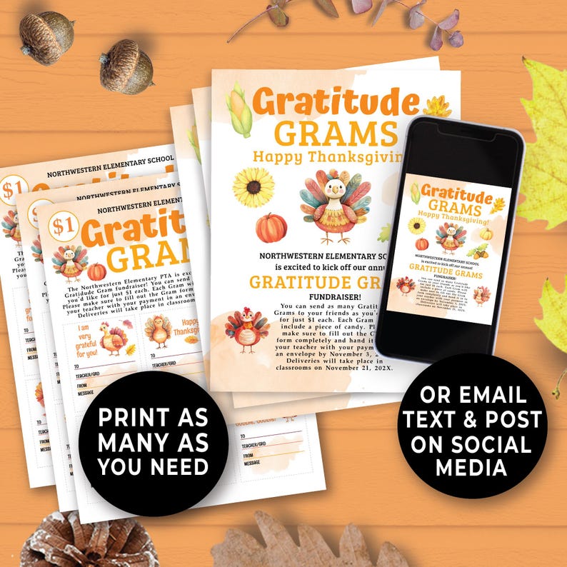 Editable Gratitude Gram Flyer, Gobble Gram Sheets, Thanksgiving Candy ...