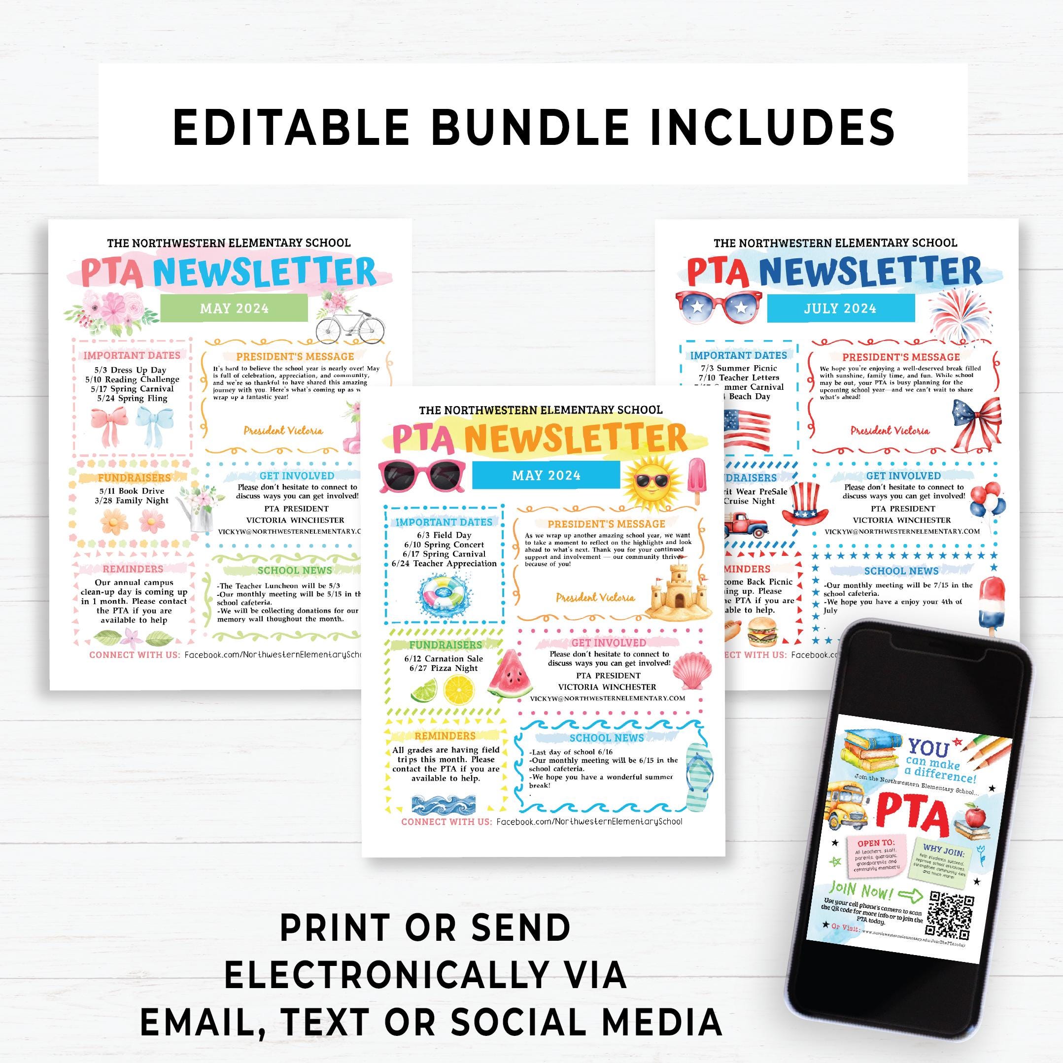 Editable PTO PTA 12 Months of Newsletter Templates, Entire School Year ...