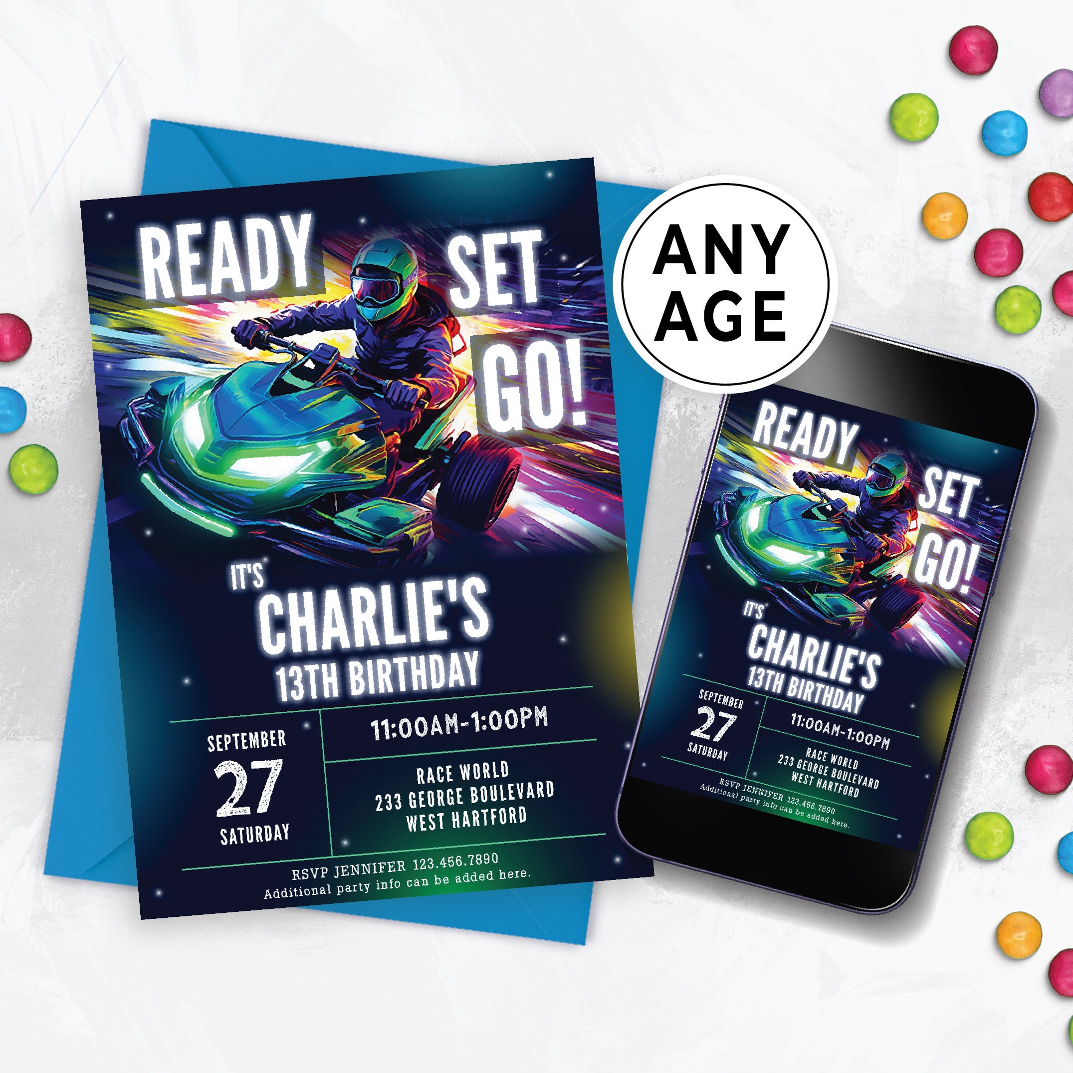 Editable Go Cart Invitation for Teenage/tween Boy, Neon Birthday ...