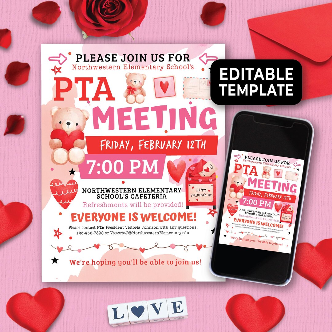 Editable PTO PTA February Meeting Flyer, Meeting Reminder Invitation ...
