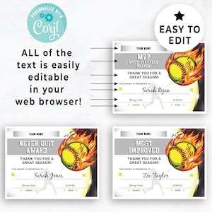Softball Team Awards Printable, End of Season Softball Certificate for ...