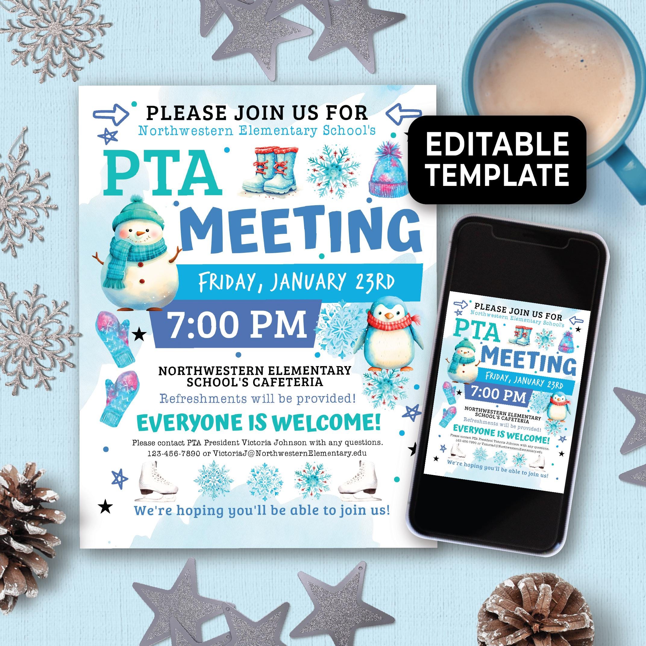 Editable PTO PTA January Meeting Flyer, Meeting Reminder Invitation ...